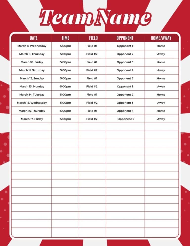 Free Editable Game Schedule Templates