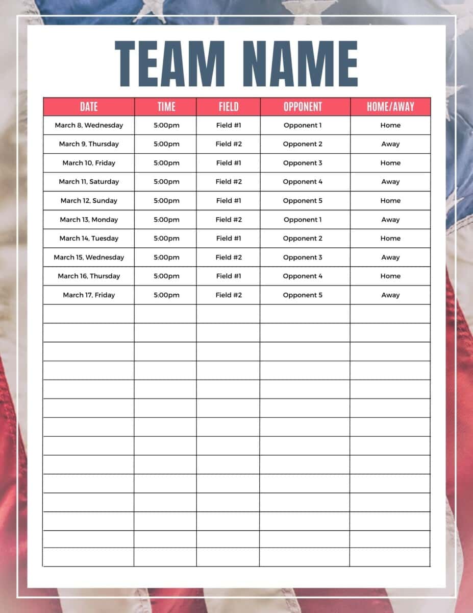 Free Editable Game Schedule Templates